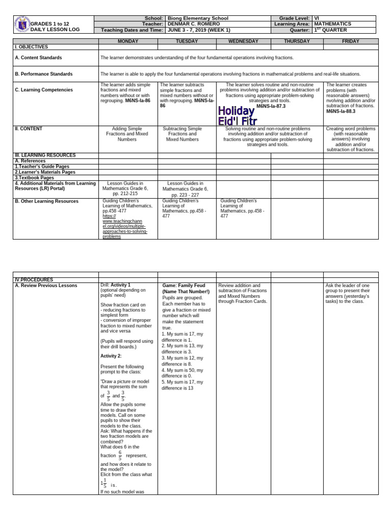 DLL Math 6 Q1 W1 | PDF | Learning