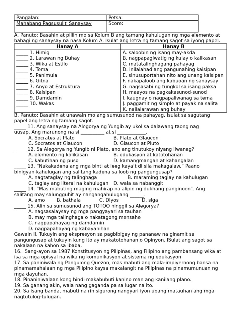 Mahabang Pagsusulit#2_Sanaysay_Filipino10 | PDF