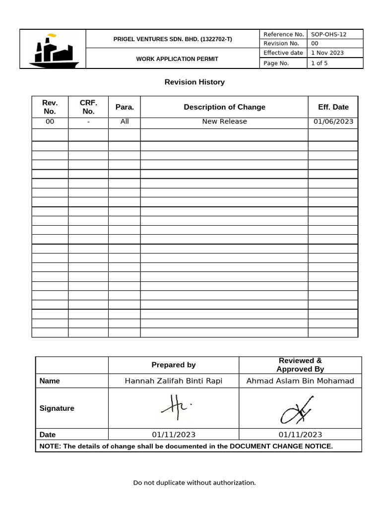 SOP-OHS-12 Work Application Permit | PDF | Safety