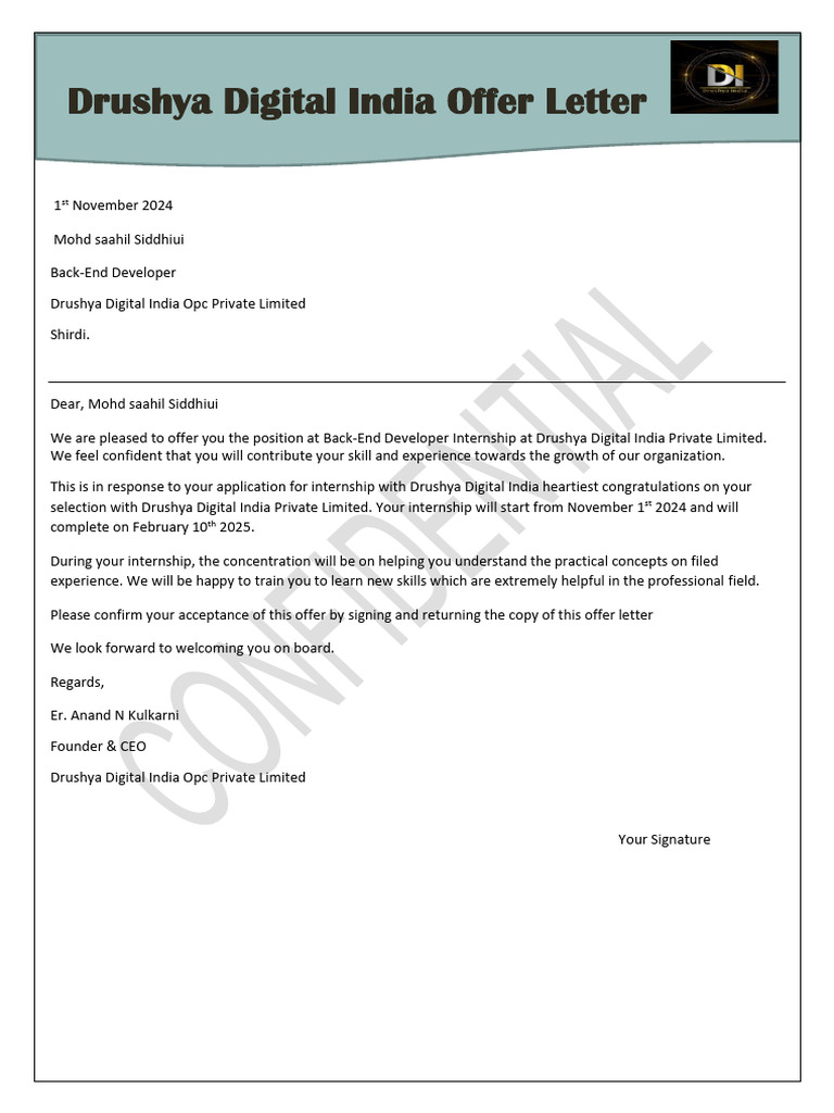 Drushya Digital Internship Offer Letter | PDF