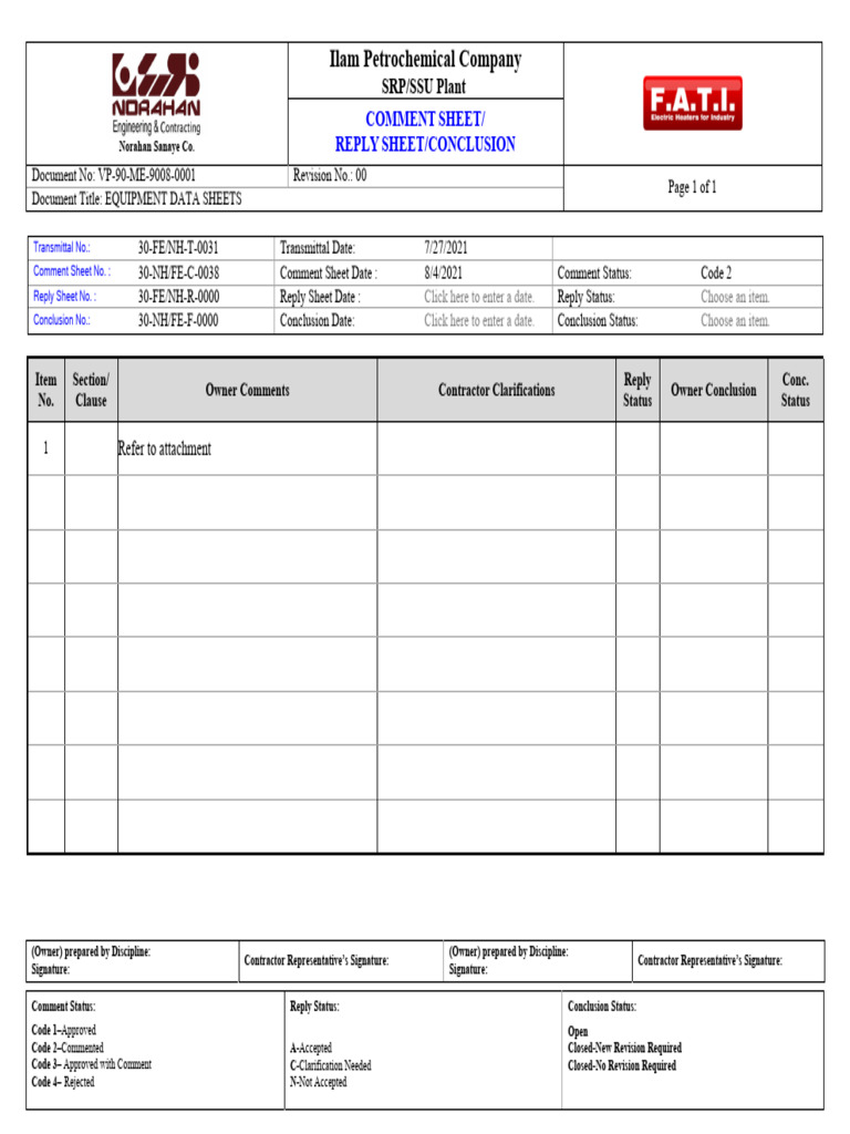 Ilam Petrochemical Company: Comment Sheet/ Reply Sheet/Conclusion | PDF