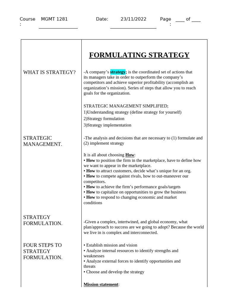 Cornell Notes Template-5 | PDF | Strategic Management | Business