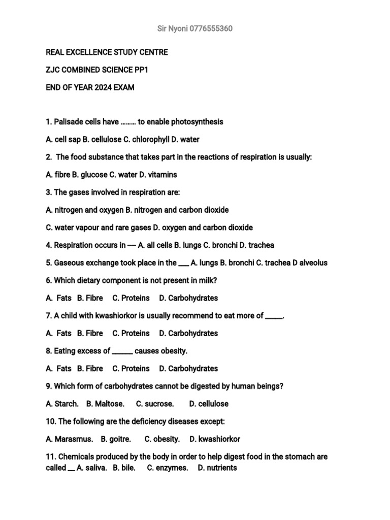 ZJC Combined Science Exam Questions 2024 | PDF