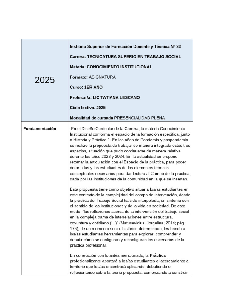 Conocimiento Institucional - Tsts - Lescano | PDF | Trabajo Social | Evaluación
