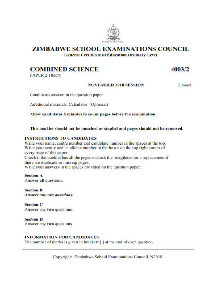 Combined Science Past Exam Paper 2 With Answers For Zimsec O Level ...