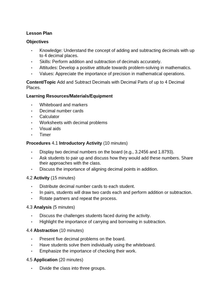 Adding and Subtracting Decimals Lesson Plan | PDF | Learning ...