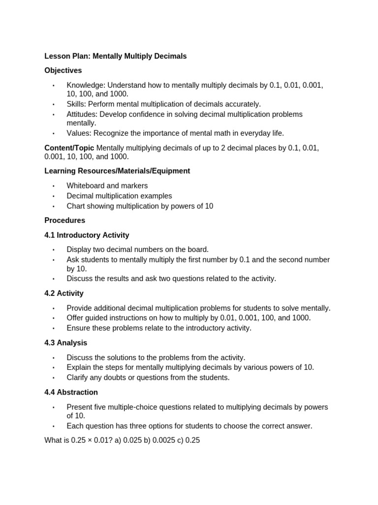 Mentally Multiplying Decimals of Up To 2 Decimal Places by 0.1, 0.01, 0 ...
