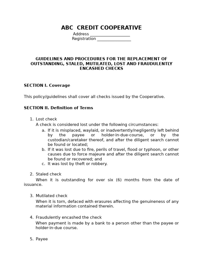 Policy On Outstanding Staled and Lost Checks Sample1 3 | PDF | Payments ...