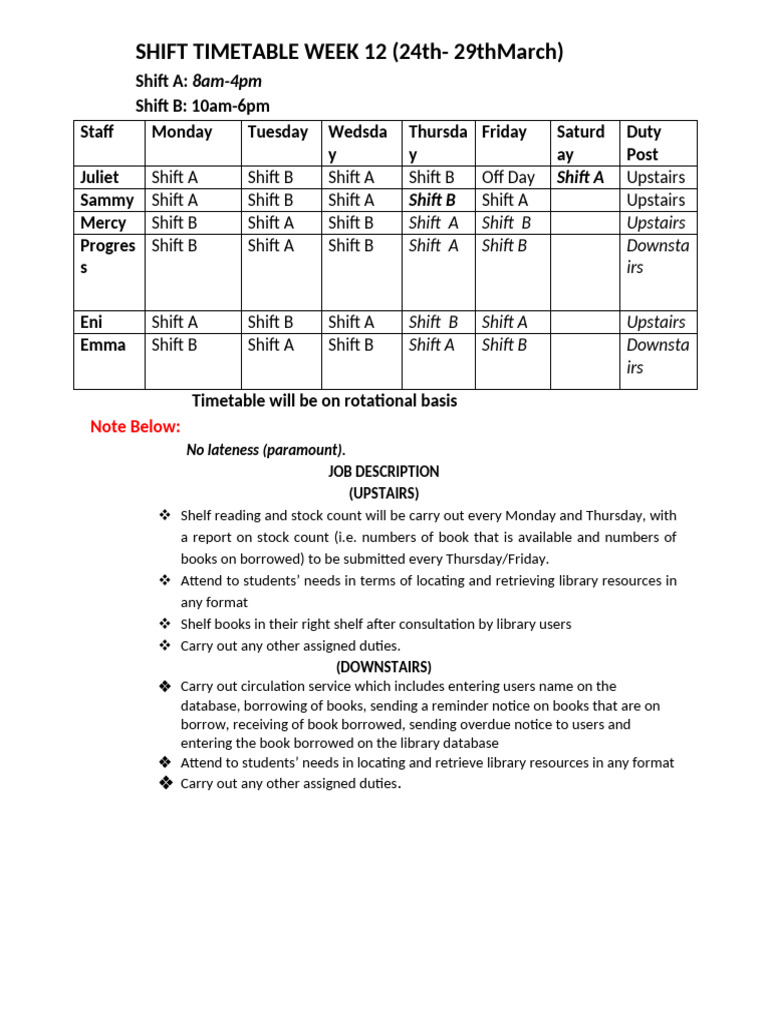 Shift - Timetable 12 | PDF
