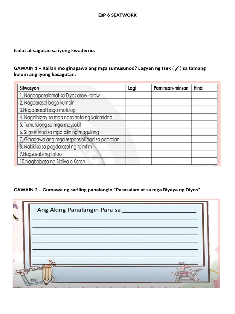 EsP 6 SEATWORK | PDF