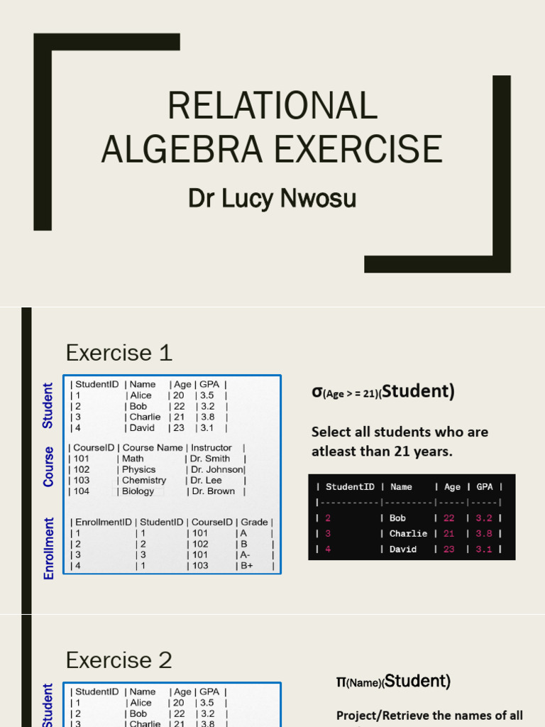 Relational Algebra Exercise | PDF | Abstract Algebra | Mathematical Concepts