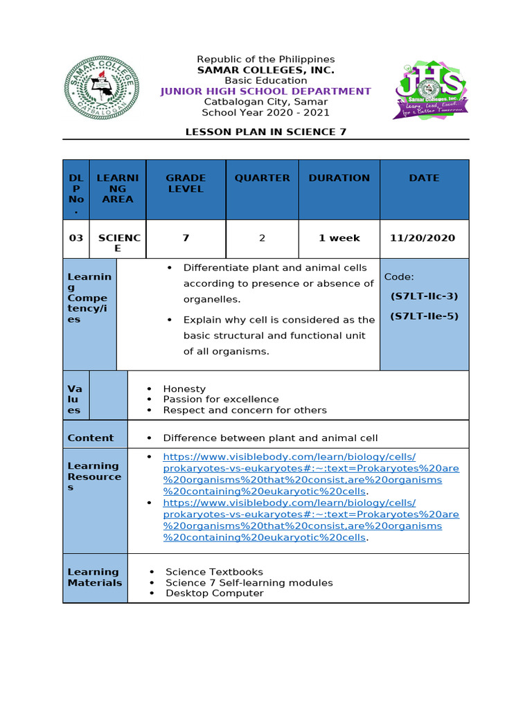 Science 7 Week 4 November 23-27 2020 | PDF | Cell (Biology) | Eukaryotes