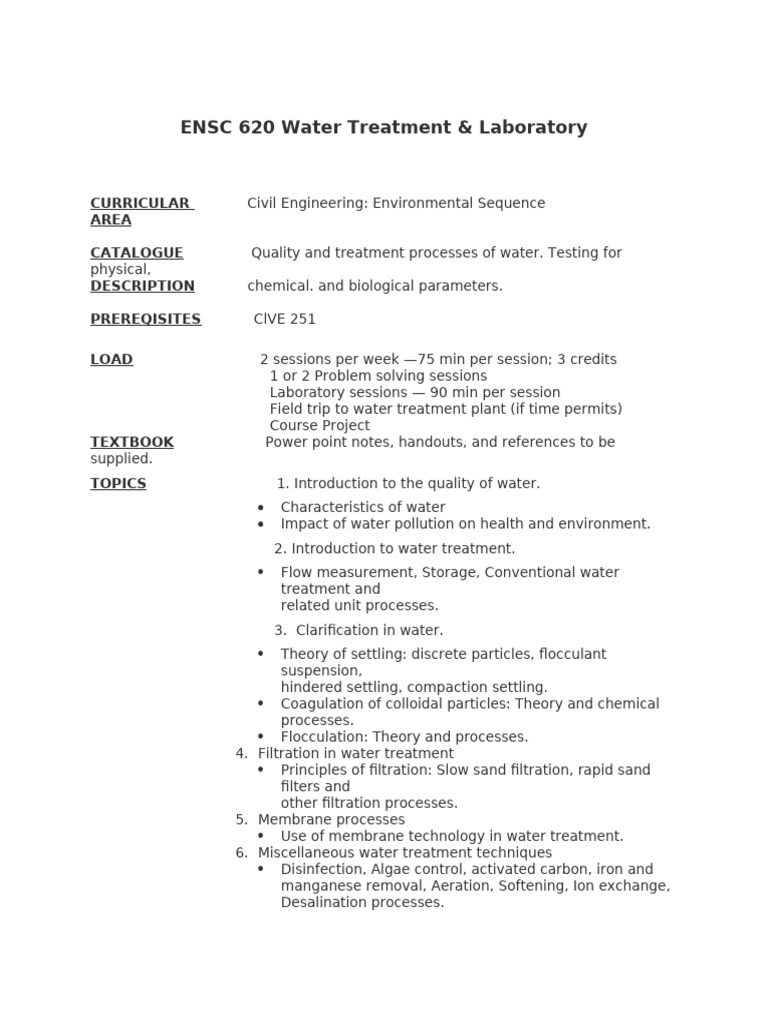 ENSC 620 Water Treatment Laboratory | PDF | Water Purification ...