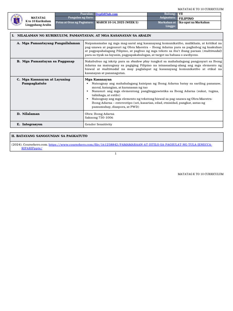 DLL Matatag - Filipino 7 Q4 W5 | PDF