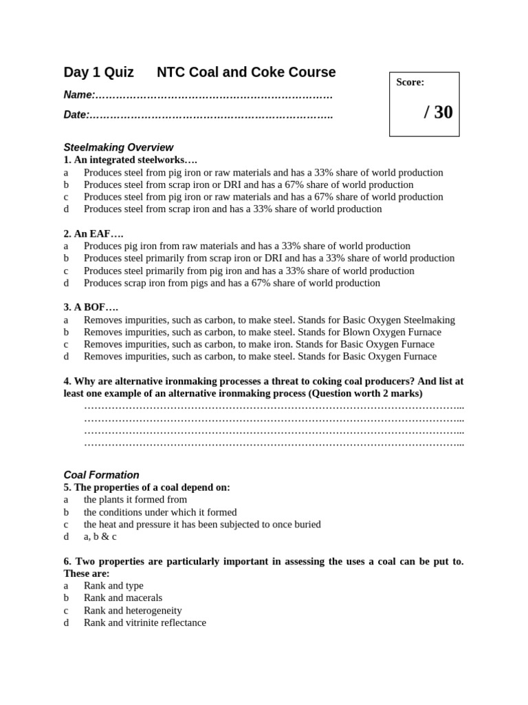Day 1 QuizNTC Coal and Coke Course v2 | PDF | Coke (Fuel) | Blast Furnace