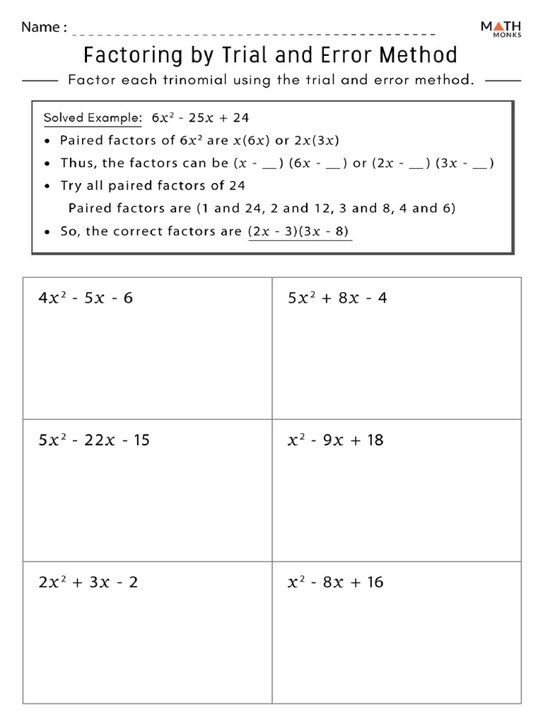 Factoring by Trial and Error Worksheet | PDF