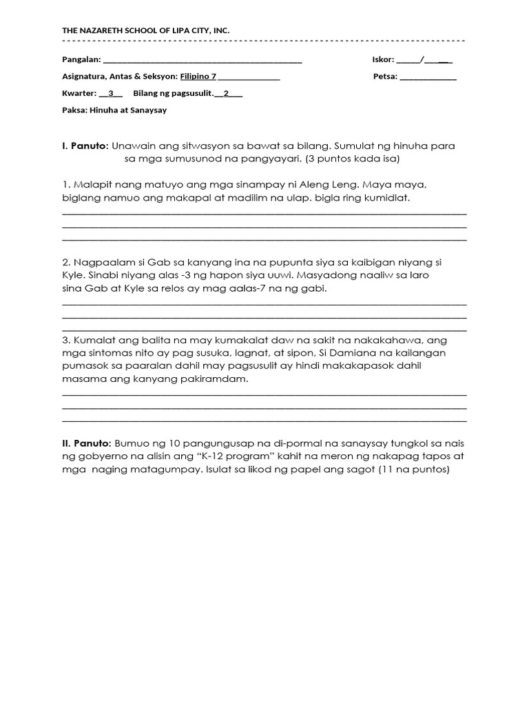 Pagsusulit 2 Q3 Filipino 7 | PDF