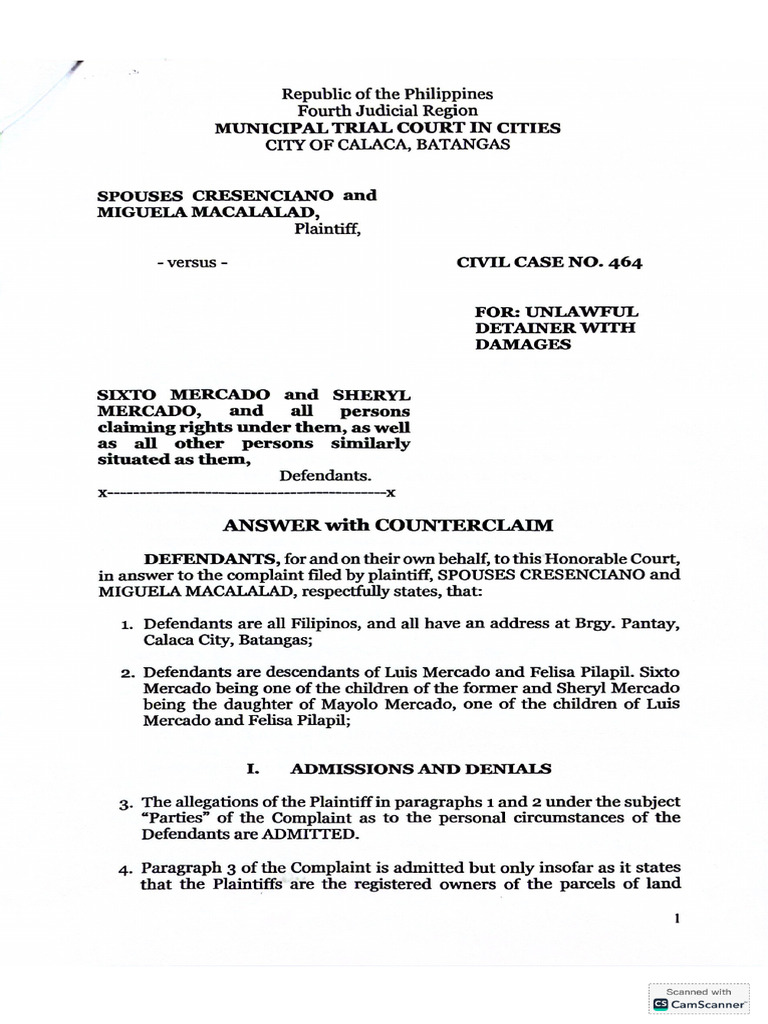 Civil Case No. 464, Answer With Counterclaim | PDF