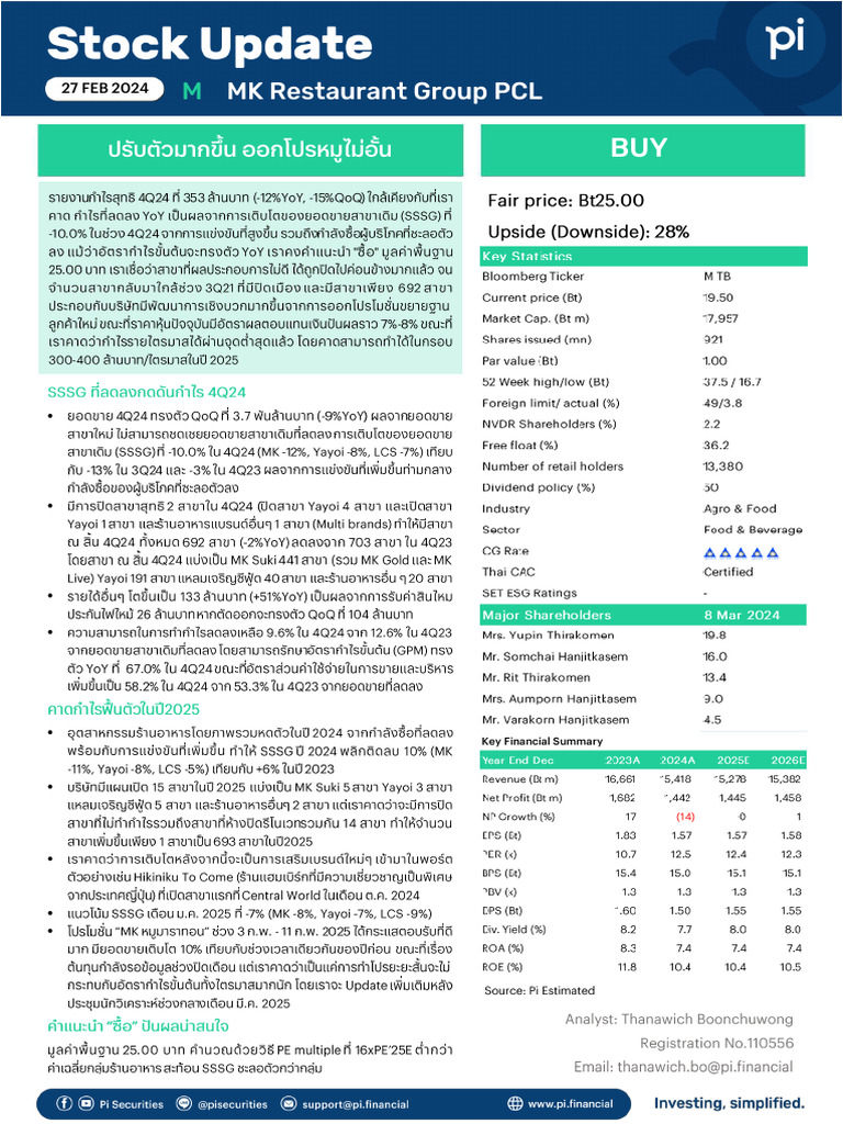 MK Restaurant Group PCL: Key Financial Summary | PDF