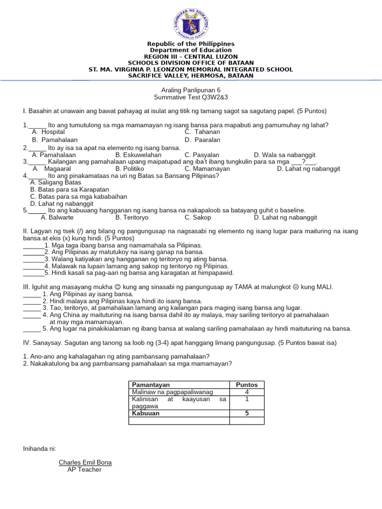 AP8 Q3 SummativeTest Week 2 & 3 | PDF