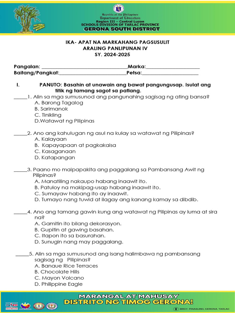 Test Paper-Ap 4-4TH Quarter | PDF