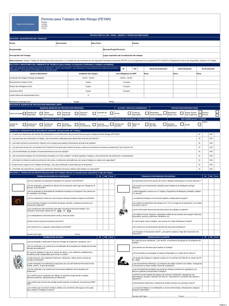 Permisos para Trabajos de Alto Riesgo (PETAR) | PDF