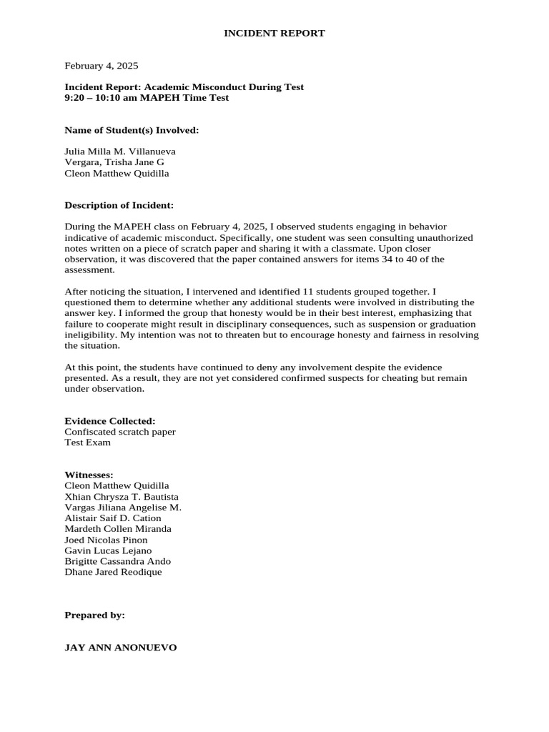 Academic Misconduct Incident Report | PDF