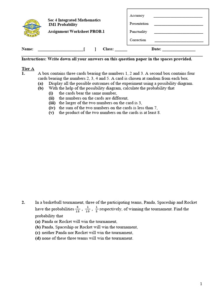 Worksheet PROB.1 with answers | PDF | Probability Theory | Mathematics