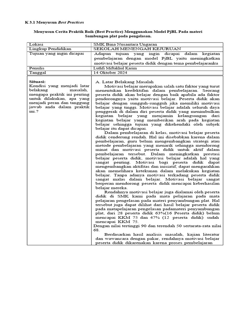 Aksi Nyata Pengalaman Pembelajara Degan Model PJBL - Luthfi Miftakhul Karim | PDF