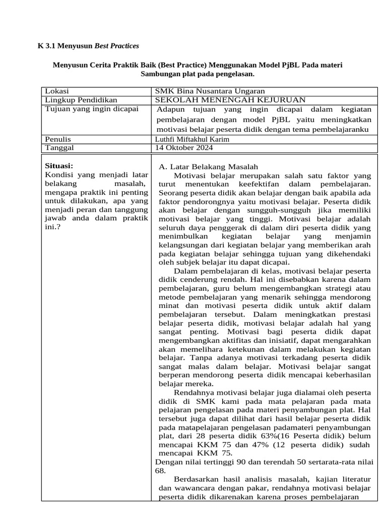 Aksi Nyata Pengalaman Pembelajara Degan Model PjBL | PDF