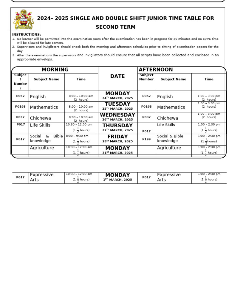 JCE 2025 Exam Timetable Overview | PDF