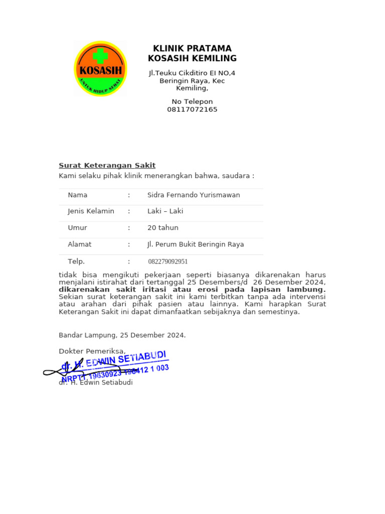 Surat Keterangan Sakit Klinik Kosasih | PDF