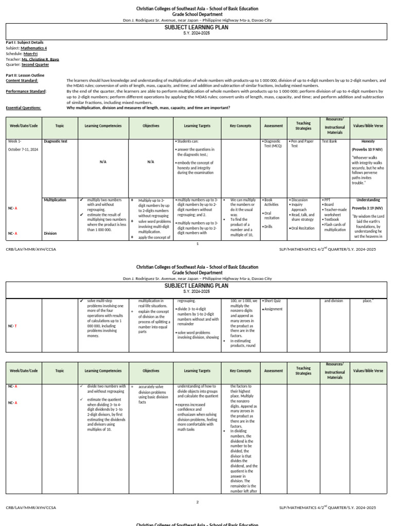 Mathematics 4 SLP (2nd Quarter, S.Y. 2024-2025) Bayo, C. | PDF | Division (Mathematics ...