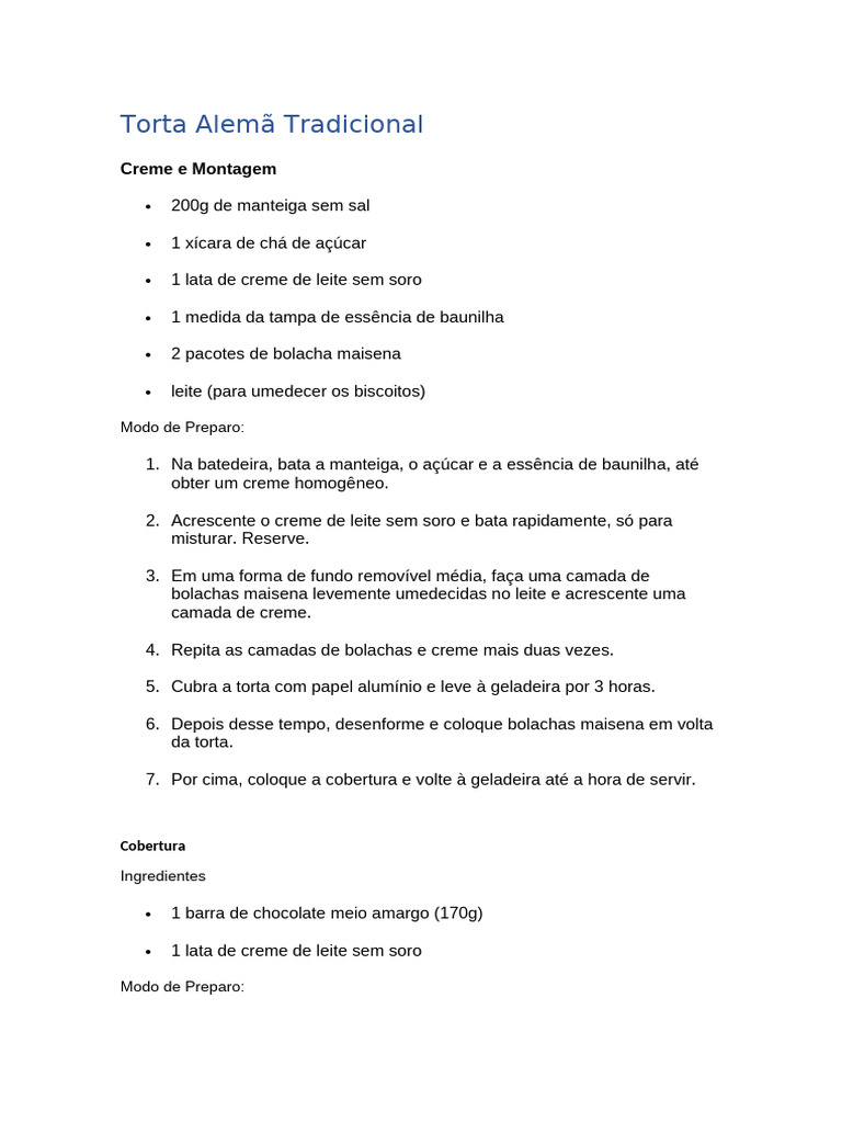 Torta Alemã Tradicional: Receita Fácil | PDF
