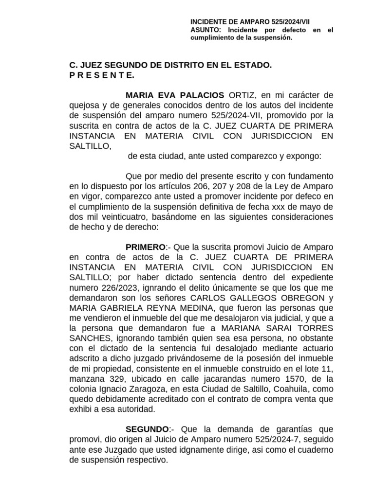 1 INCIDENTE por defecto en el cumplimiento de la suspensión | PDF | Propiedad | Jurisdicción
