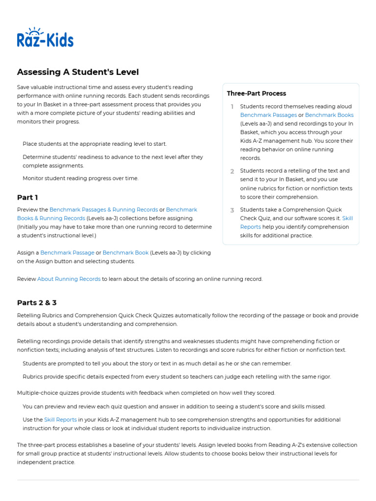 Raz Kids Assessing A Students' Level | PDF | Reading Comprehension | Human Communication