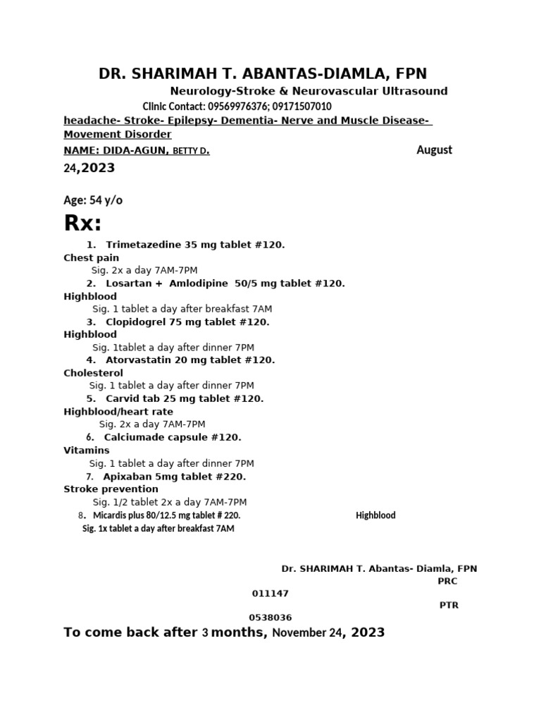 Neurology Prescription for Betty Dida-Agun | PDF