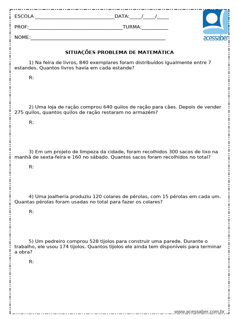 Atividade de Matematica - Problemas Sobre As Quatro Operacoes 4 Ano e 5 Ano Modelo Editavel | PDF