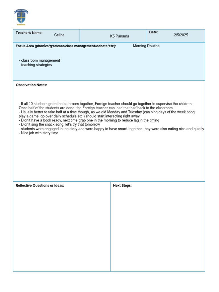 GEA Peer Observation Form - Celine | PDF