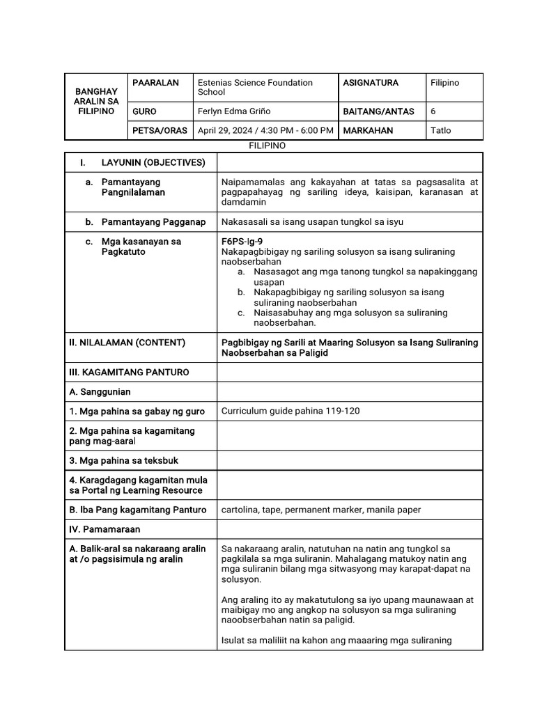 DLP Fil 1 Suliranin | PDF