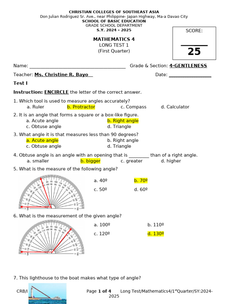 Math Long Test 1 for Grade 4 | PDF | Triangle | Classical Geometry