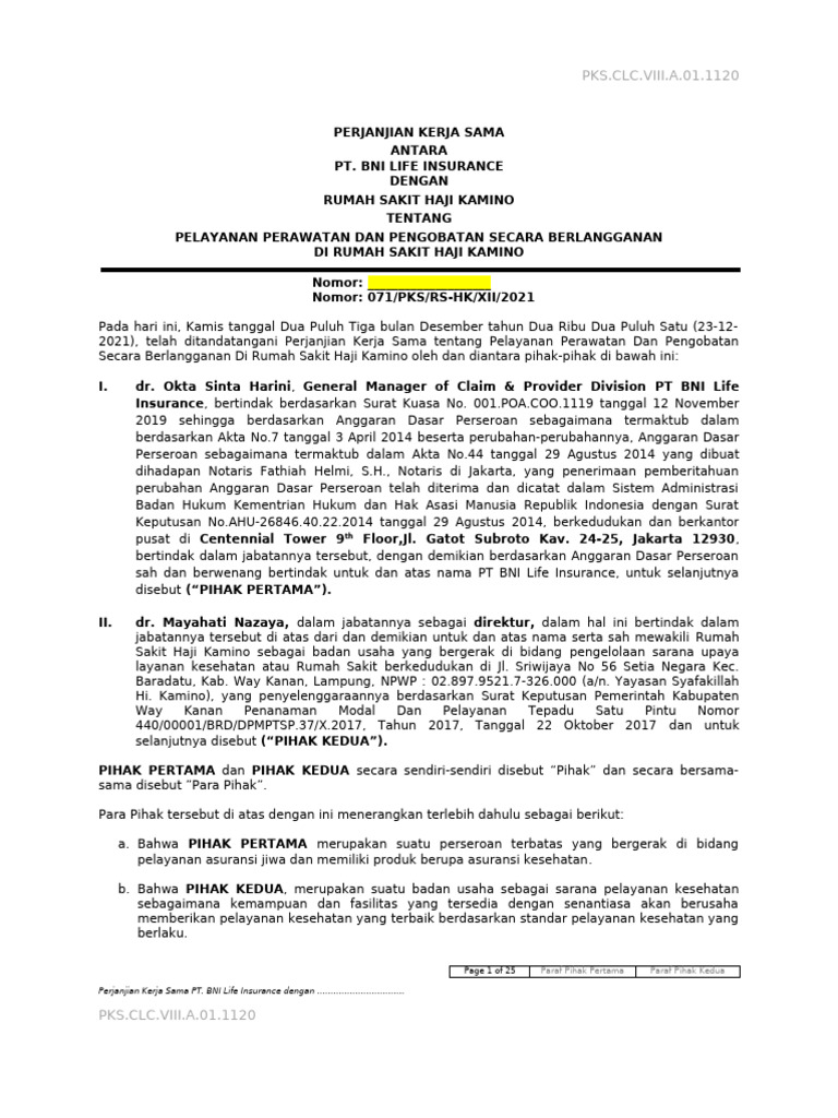 Draf Perjanjian Kerjasama PT BNI Life Insurance Nama PROVIDER 1 | PDF