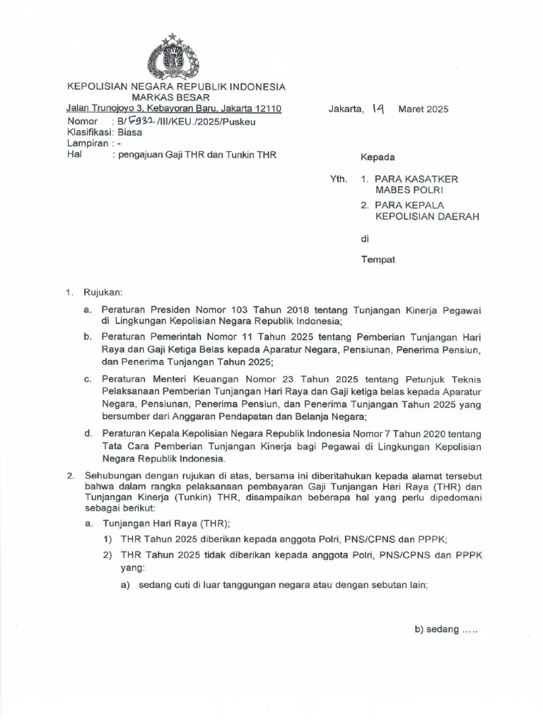 PENGAJUAN GAJI THR DAN TUNKIN THR TA 2025 | PDF