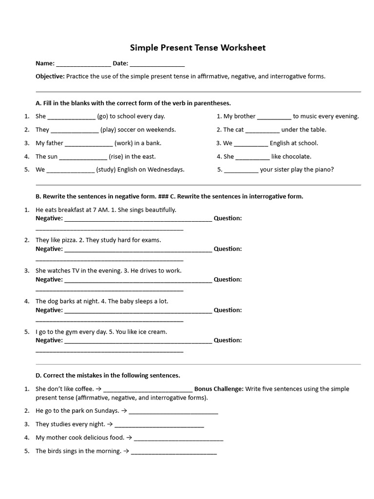 Simple Present Tense Worksheet | PDF