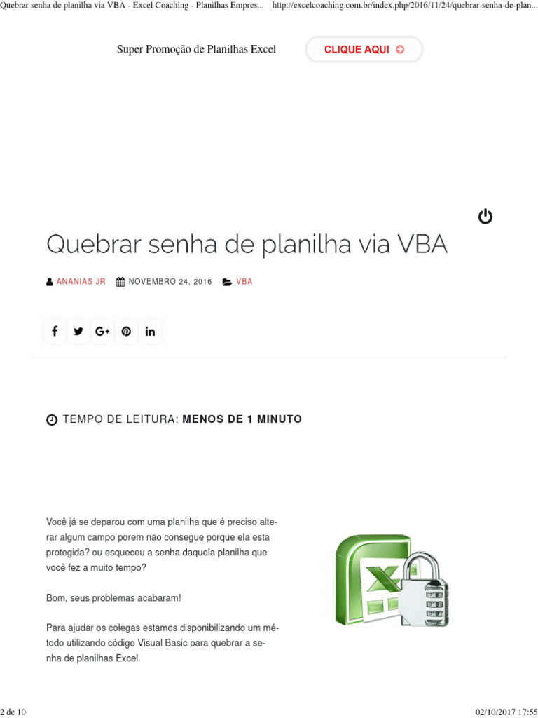Quebrar Senha de Planilha Via VBA - Excel Coaching - Planilhas Empresariais | PDF | Microsoft ...