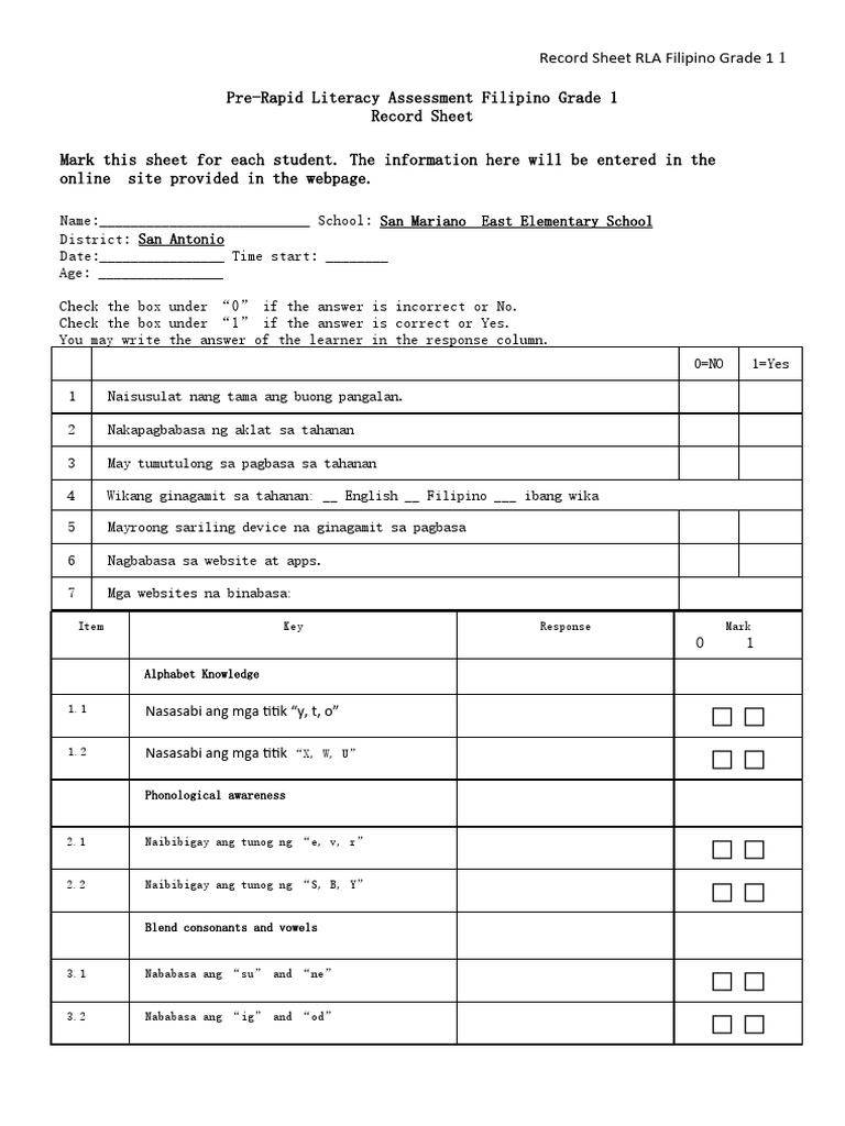 Record Sheet RLA-Filipino G1 MGA | PDF