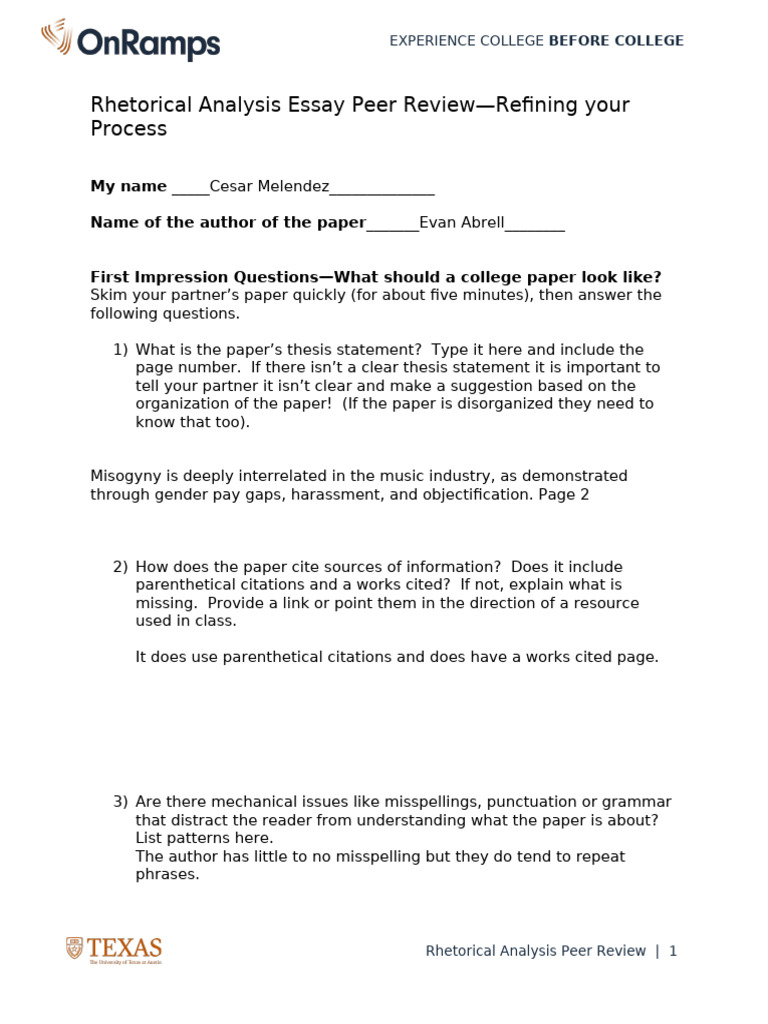 Rhetorical Analysis Essay Peer Review | PDF | Citation | Credibility