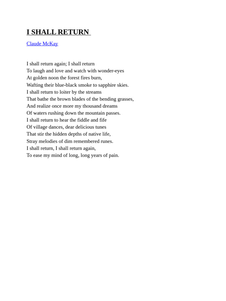 Claude McKay's "I Shall Return" Analysis | PDF