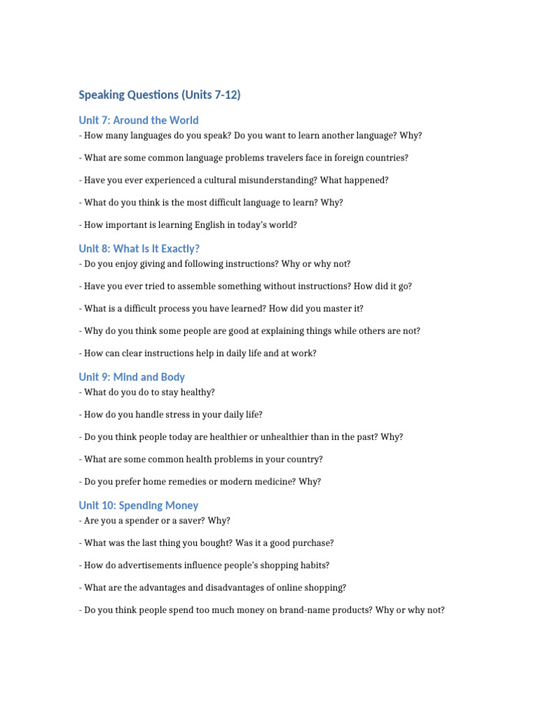 Speaking Questions Units 7-12 | PDF