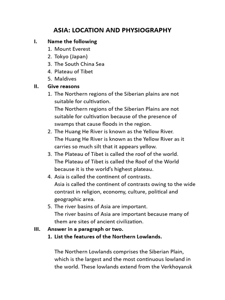Asia Location and Physiography - Grade 8 | PDF | Plateau | Siberia
